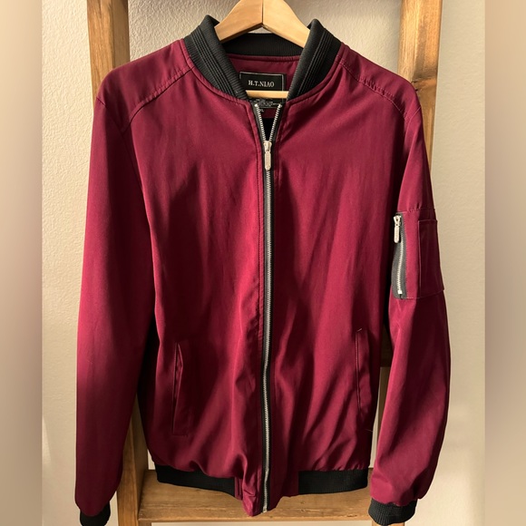 H. T. Niao | Jackets & Coats | Mens Burgundy Lightweight Bomber Jacket ...
